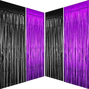 Black Purple Metallic Tinsel Foil Fringe Curtain - Video Game Birthday Baby Shower Graduation Halloween Retirement Bachelorette Wedding Anniversary Carnival Party Photo Booth Backdrop Decoration, 4pc
