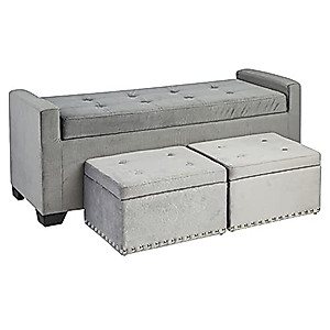 FIRST HILL FHW Fancy 3-Piece Storage Ottoman Bench Set with Fabric Upholstery, Embossed Textured Velvet