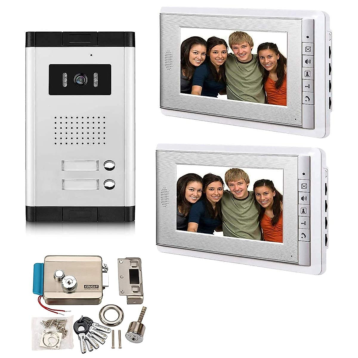 AMOCAM 2 Units Apartment Video Intercom System + Electronic Door Lock Video Door Phone Kit, 1 pcs Night Vision Camera, 2 pcs 7 Inches Monitor Wired Video Doorbell System