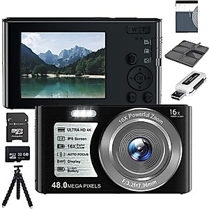 eDealz 4K Compact Point & Shoot Digital Camera, 48MP, 16X Digital Zoom, 2.8" Screen & 32GB SD Card, Card Reader, 6" Tripod & 6PC Card Holder Vlogging Camera for Kids Teens Students Boys Girl (Black)