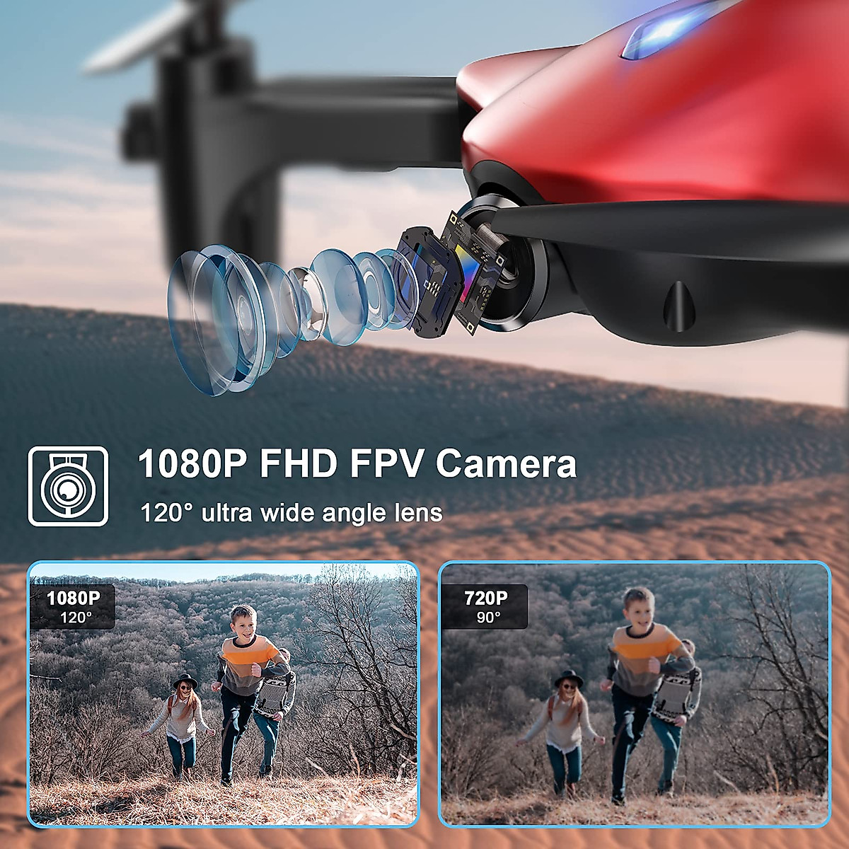 Drone for Kids, Spacekey FPV Wi-Fi Drone with Camera 1080P FHD, Real-time Video Feed, Great Drone for Beginners, Quadcopter Drone with Altitude Hold, One-Key Take-Off, Landing Foldable Arms (Red)
