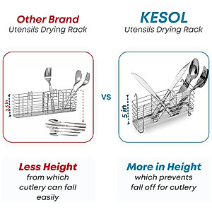 KESOL Sturdy 304 Stainless Steel Utensil Drying Rack Basket Holder with Hooks 3 Divided Compartments, Rust Proof, No Drilling