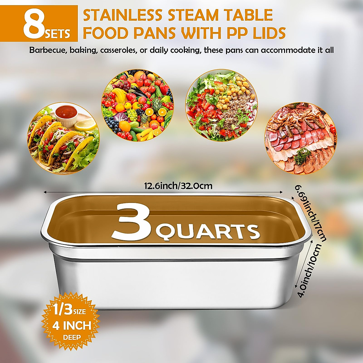 Suttmin 8 Pcs Stainless Steel Food Storage Containers with Lids 1/3 Size Hotel Pans Chicken Food Grade Pans Metal Meal Food Containers for Restaurant Stackable Kitchen Freezer Buffet(4 Inch Deep)