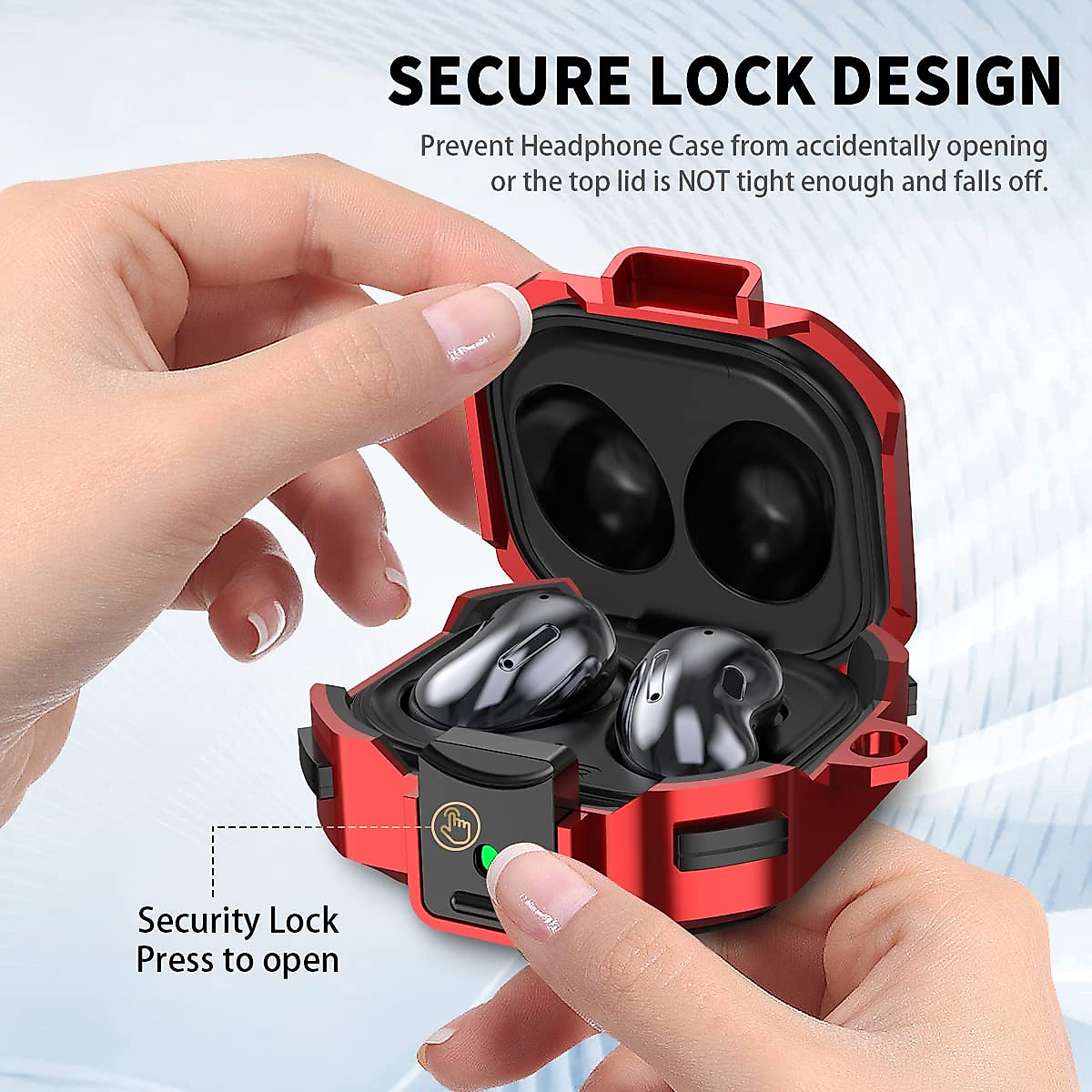 [with Lock] Armor Cover for Galaxy Buds Pro Case/Galaxy Buds 2 Case/Galaxy Buds Live Case,Shockproof PC+TPU Protective Cover for Samsung Buds 2/Buds Pro/Buds Live with Keychain&Wrist Strap&Brush(Red)