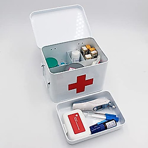 Funly mee Vintage First aid Box for Home, Medicine Tin, Empty White Metal Medicine Storage Box (Medium-8.2 × 6 × 6 inches)