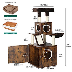 YITAHOME Modern Cat Tree with Litter Box Enclosure, Tall Heavy Duty Cat Tower with Cat Condo,Cat House, Blanket for Indoor Large Cats, Rustic Brown