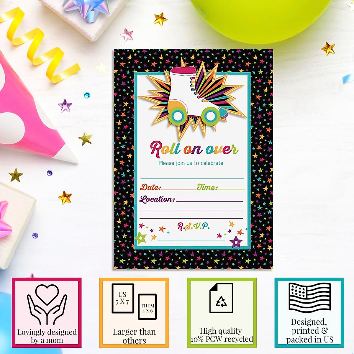 Roller Skating Birthday Party Invitations, 20 5x7 Fill In Cards with Twenty White Envelopes by AmandaCreation