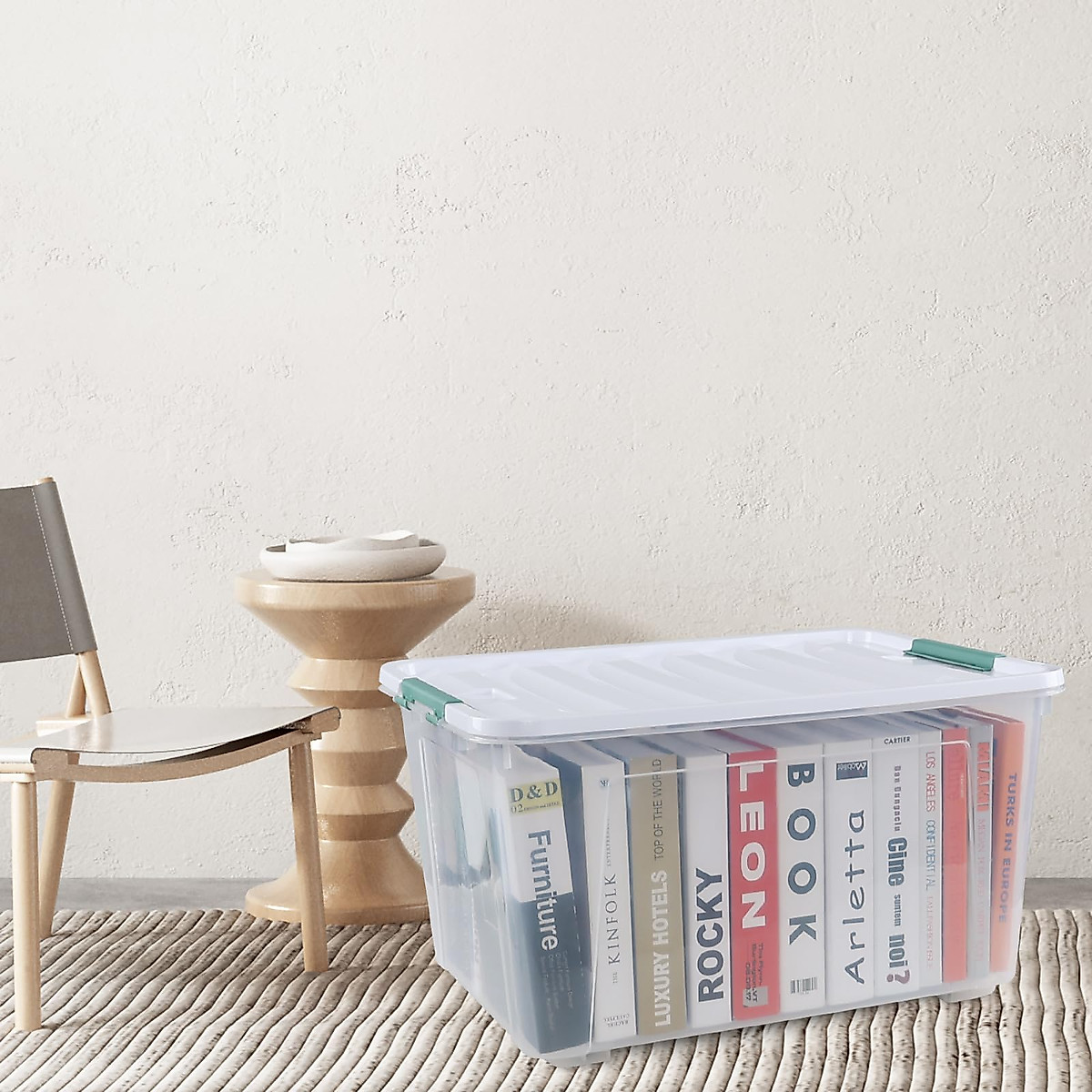 Qskely 80 L Large Clear View Plastic Storage Bin with Lid and Secure Latching Buckles, 4-Pack Wheeled Clear Storage Boxes