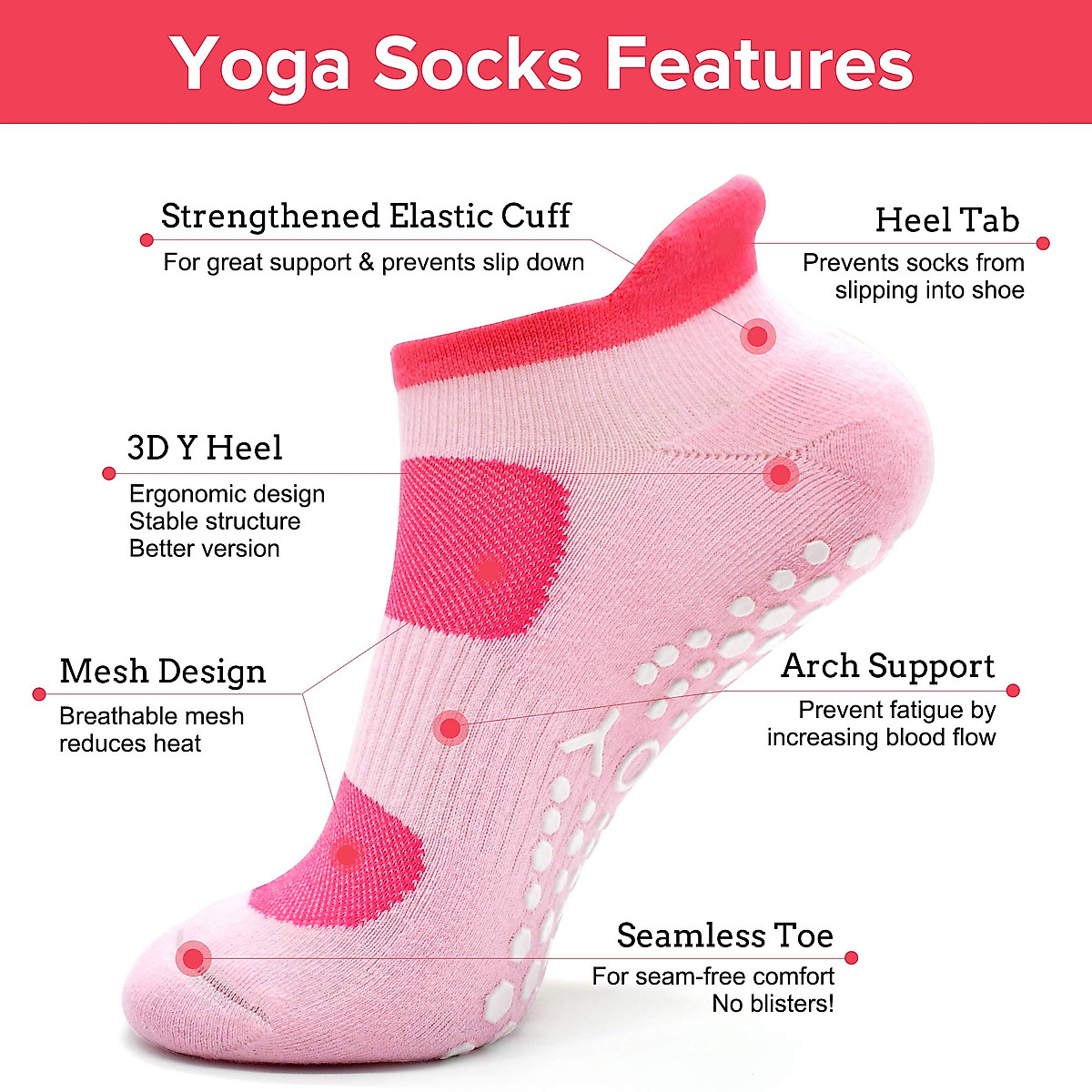 Busy Socks Trampoline Yoga Grip Socks for Women Non Slip, Pilates Althletic Moisture Wicking Slipper Socks for Kickboxing,2 Pairs,Pink