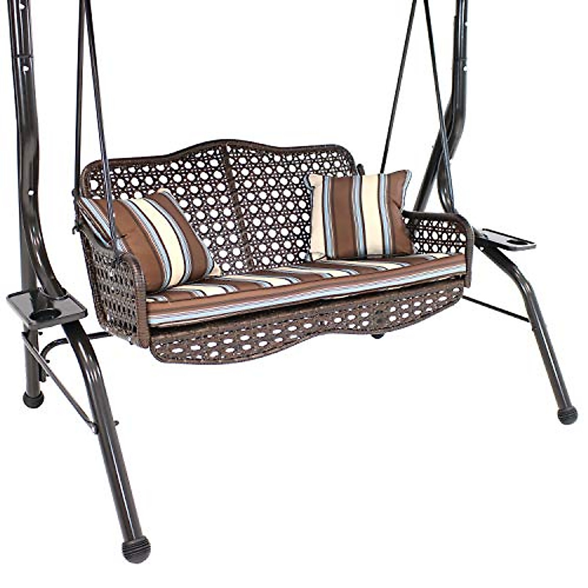 Sunnydaze 2-Seater Outdoor Rattan Patio Swing with Adjustable Tilt Canopy, Striped 2 Pillows and Seat Cushion, Brown