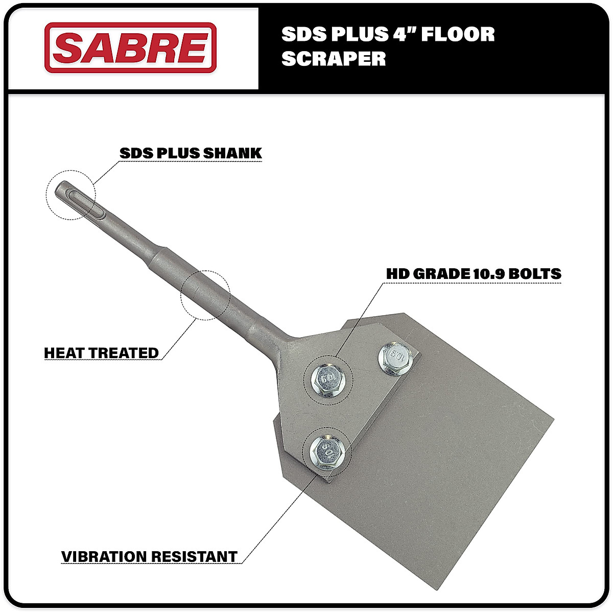 Sabre Tools 4 Inch SDS Plus Floor Scraper Tool Kit, Removes Thinset & Adhesives, Works with SDS-Plus Rotary Hammer (4" x 10") Tool, Extra Blade and Bolts