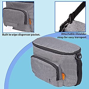 Universal Stroller Organizer; built-in wipe dispenser pocket, large space with bottle holders, detachable shoulder strap, multiple pockets for phone & other uses.