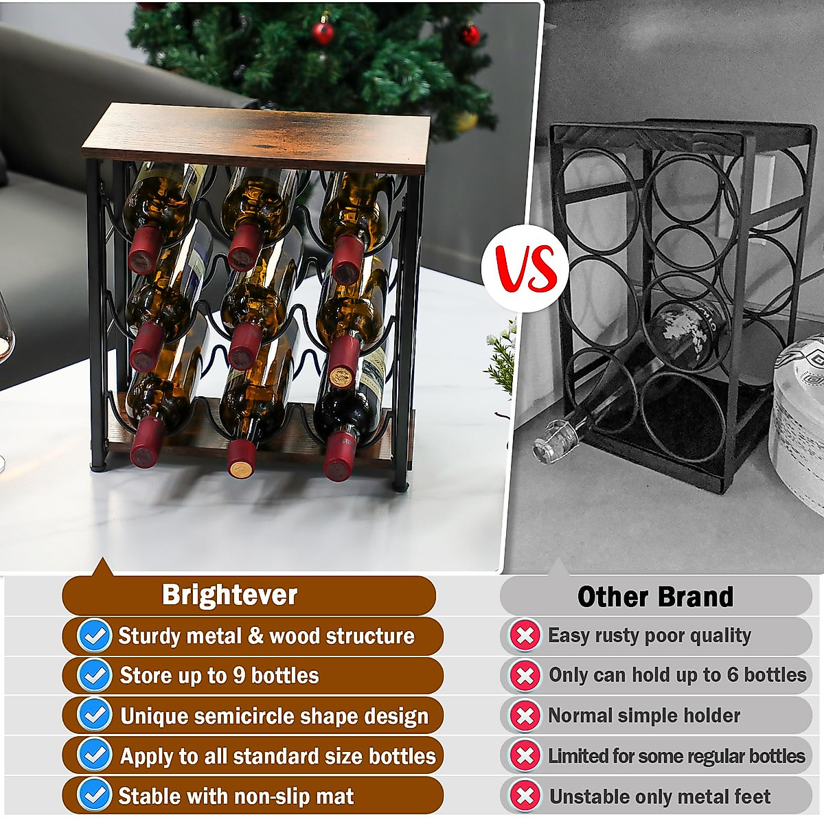 Brightever Wine Rack Countertop, Wood Wine Storage Cabinet Shelf, 3-Tier 9-Bottle Black Tabletop Wine Bottle Holder, Freestanding Wine Bottles Organizer, Wine Rack for Home Kitchen Pantry Bar