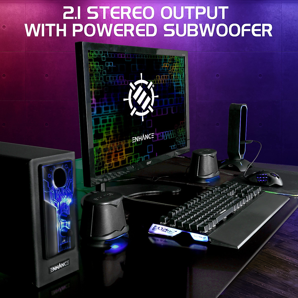 ENHANCE SB 2.1 Computer Speakers with Subwoofer - Blue LED Gaming Speakers, Computer Speaker System, AC Powered & 3.5mm, Volume and Bass Control, Compatible with Gaming PC, Desktop, Laptop