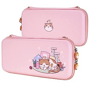 PlayVital Pink Cute Carrying Case for Nintendo Switch & OLED, Thumb Grip Caps & Kitten & Chicken Slim Travel Case for Switch Portable Hardshell Girl Storage Game Accessories