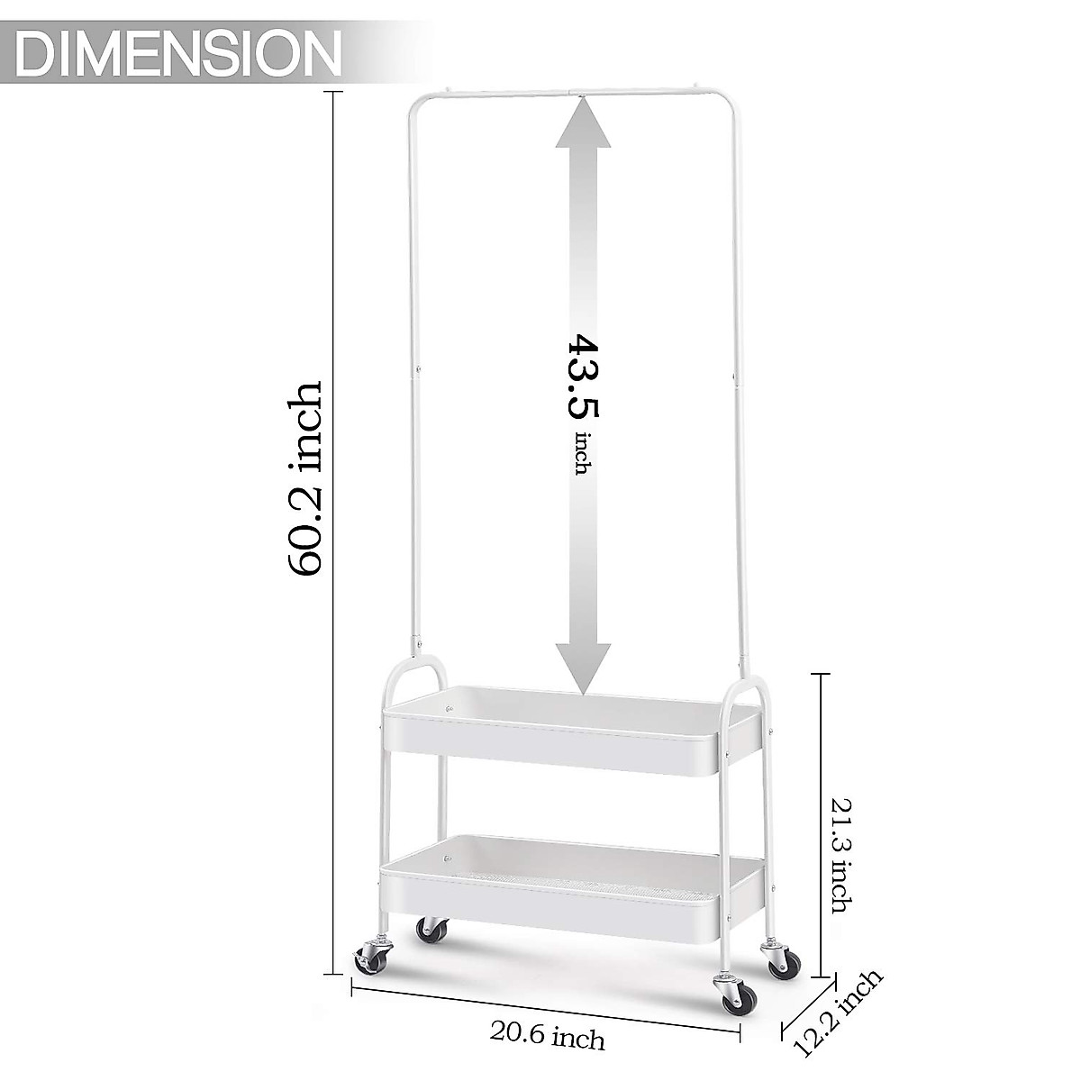 KINGRACK 2-in 1 Garment Rack, Clothing Rack with 2 Tier Metal Basket, Rolling Storage Cart Clothes Organizer Coat Rack Storage Stand on Wheels for Home Bedroom Laundry Small Place Entryway, White