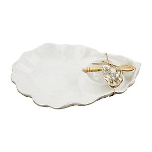 Mud Pie Oyster Chip and Dip Set, White, server 8 1/2" x 12" | spoon 5"