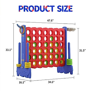 UNICOO - Giant 4 in a Row Game with Carrying Bag, Giant 4-to-Score Game Set with Basketball and Hoop, Ring Toss, Indoor & Outdoor Family Party Game for Kids & Adults (Red + Blue) For over 3 years old
