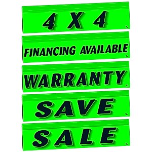 Versa Tags Windshield Slogan Stickers 12 Pack Each of 4X4, FINANCING Available, Warranty, Save, Sale (60) Window Stickers Total Dealership Stickers Black On Green