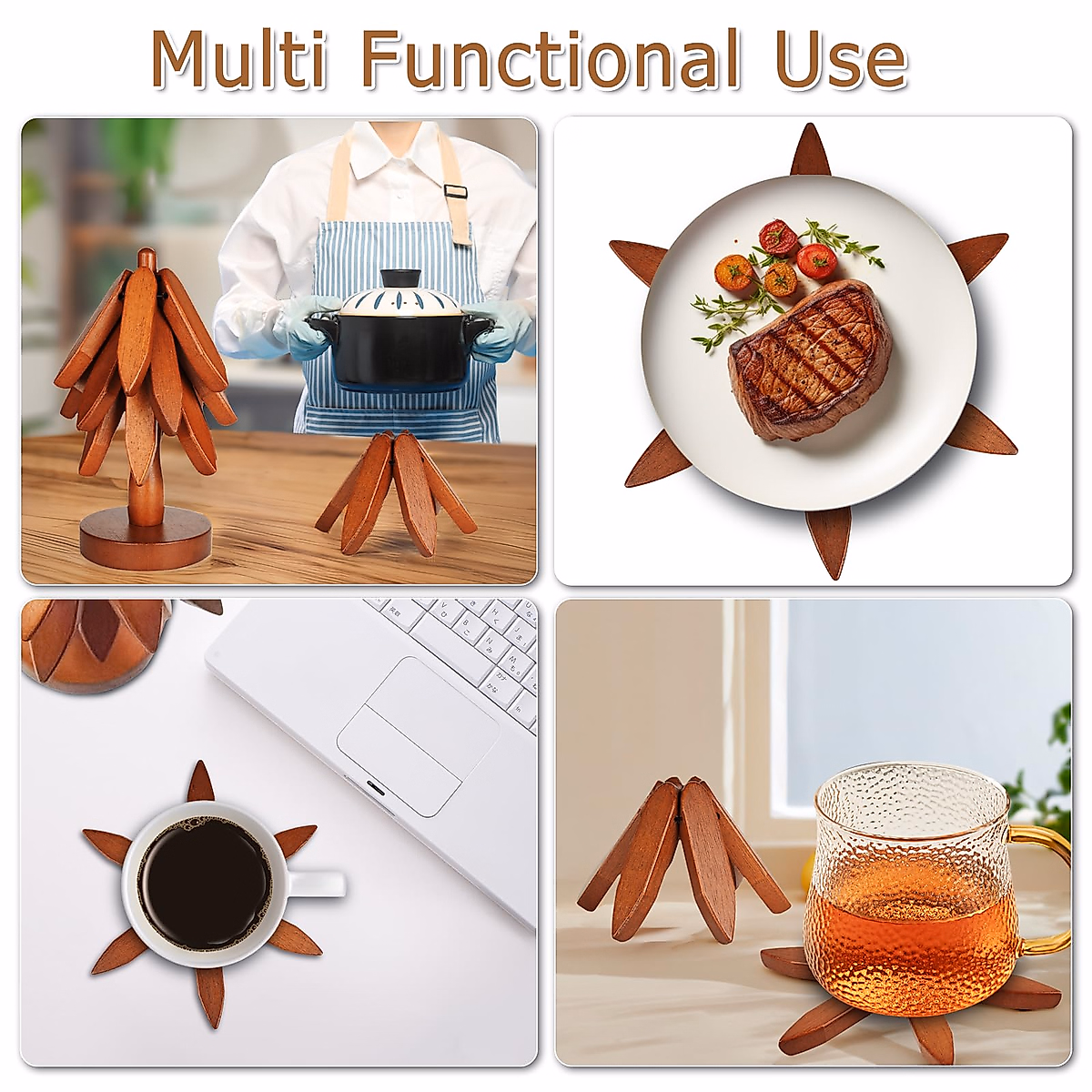 Wooden Trivets for Hot Dishes, Tree Shape Trivet Set, Foldable Kitchen Wooden Trivets, Tree Coaster for Hot Dishes、Pot、Bowl、teapot、hot Pot Holders (4 Piece-Walnut)
