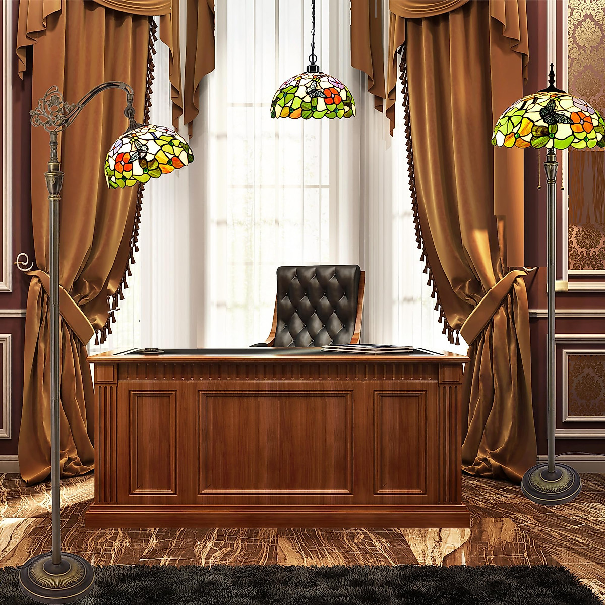 ZJART Tiffany Floor Lamp Stained Glass Dragonfly Arched Gooseneck Antique Reading Light Angle Adjustable 12X18X65 Inches Bronze Finsh Bright Decor Corner Living Room Bedroom Office