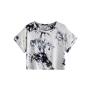 SweatyRocks Women's Round Neck Short Sleeve Casual Tie Dye Crop Top T-Shirt Grey XS