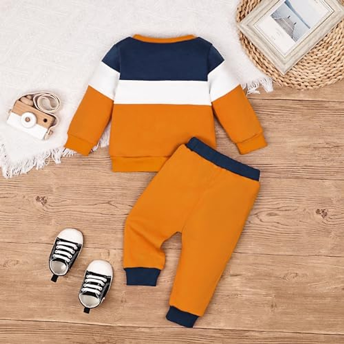 CETEPY Baby Boys Clothes 12-18 Months Toddler Boy Sweatshirt Patchwork Fall Winter Long Sleeve Shirt Pants Outfits Clothing Set Set Yellow 12-18 Months
