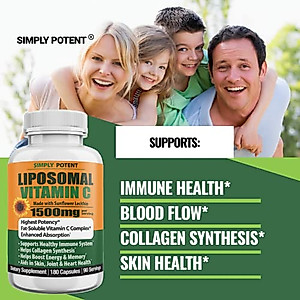 Liposomal Vitamin C 1500mg, 180 Capsules, Enhanced Absorption Fat Soluble Ascorbic Acid VIT C, Liquid Liposomal Vitamin C Alternative, High Dose Supplement for Immune, Collagen, Heart & Brain Support