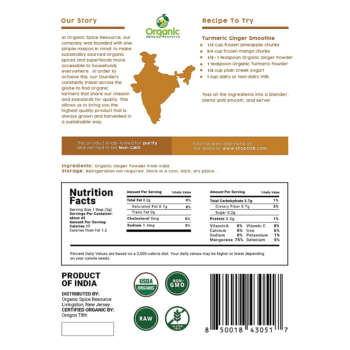 Organic Ginger Powder | 8 oz (226g) | USDA Organics and Non-GMO Verified Project Approved | Product of India | 100% Raw and Natural | Resealable Kraft Bag by SHOPOSR