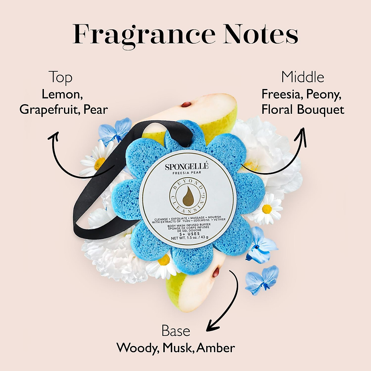 Spongelle Freesia Pear Wild Flower Buffer Body Scrubber | Bath & Shower Loofah for Women | Exfoliator with Body Wash Infused Sponge | 14+ uses