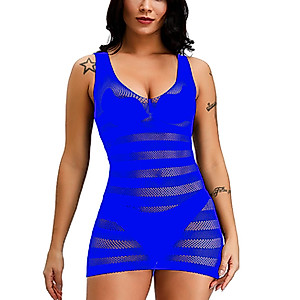 Vorifun Women Mesh Hole Strap Chemise Fishnet Lingerie V-Neck Babydoll Mini Dress One Size