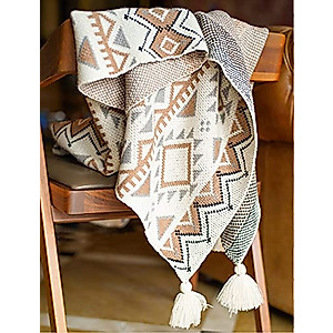 Boho Throw Blanket, Knitted Tassel Brown Throw Blankets, Soft Lightweight Vintage Tan Throw Blanket for Sofa Couch Bed and Living Room- All Seasons (50x60 Inch)