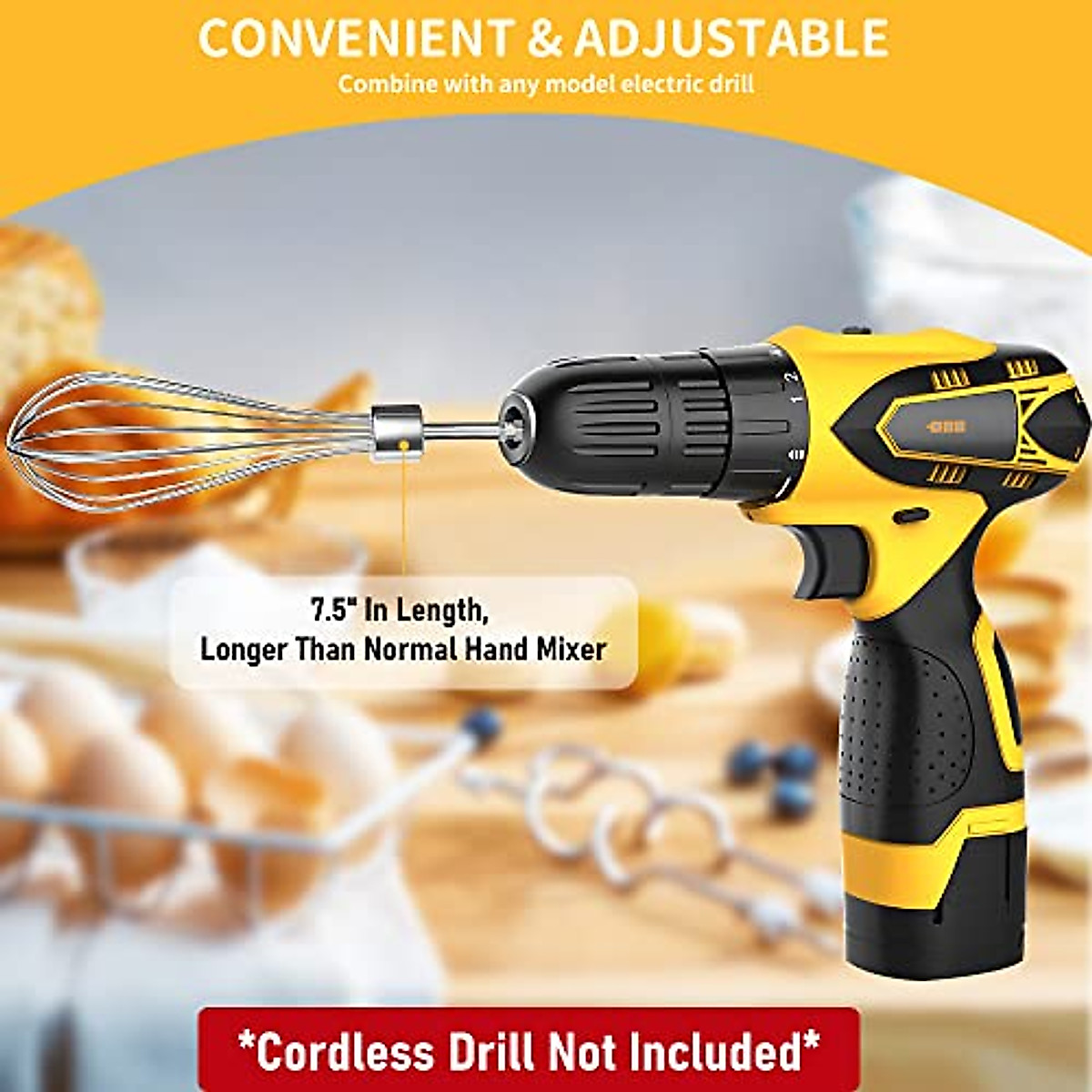 3Pcs Hand Mixer Electric Attachments Set for Drill, HOMICOZY Stainless Steel Mixer Electric Handheld Egg Beater, Whisk & Dough Hook for Drill, Mixer Handheld Drill Attachments for Drill (Not Included) Dishwasher Safe 7.5inch