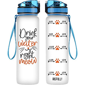 Coolife 32oz 1 Liter Motivational Tracking Water Bottle w/Hourly Time Marker - Drink Your Water Right Meow - Mothers Day, Funny Birthday Gifts for Women, Cat Lover, Cat Mom, Cat Lady, Best Friend