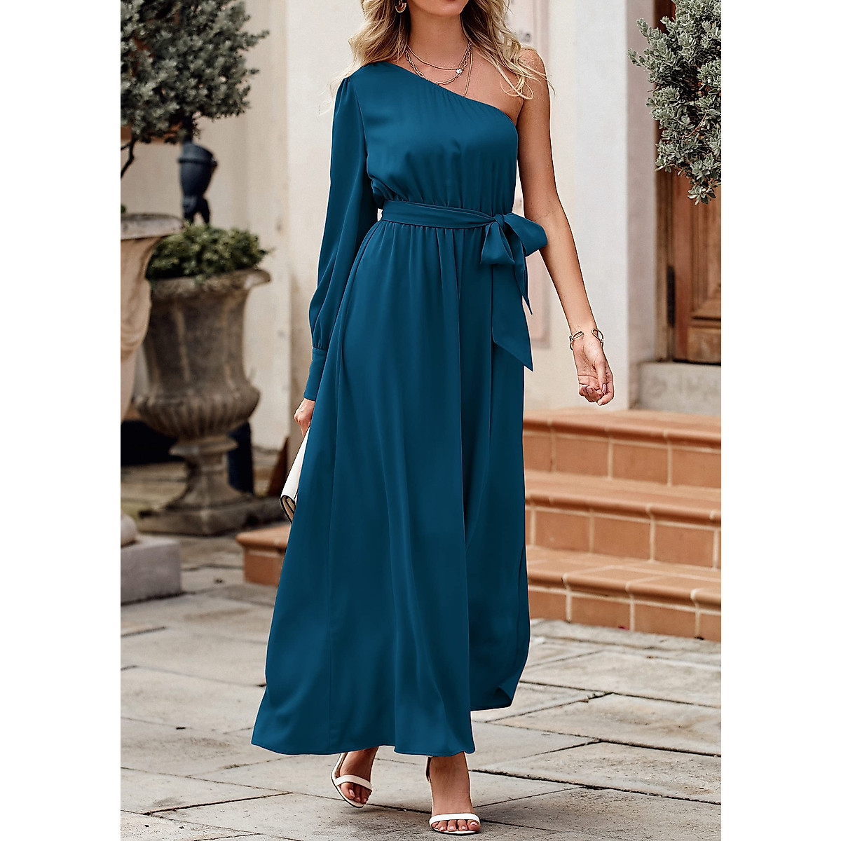 KIRUNDO Women's Satin Long Sleeve One Shoulder Maxi Dress Asymmetrical Tie Waist Slit Party Cocktail Long Formal Dresses(Dark Blue, X-Large)