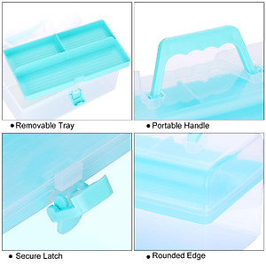 BTSKY Multipurpose Plastic Craft Storage Containers with Removable Tray, Clear Plastic Storage Box with Lid & Handle, Easy Carry & Stack Small Storage Container, 8.5x5x4.9 Inch, Rectangle-Blue