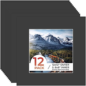Frametory, 12x12 Black Pre-Cut Picture Mats for 8x8 Photos, Prints, Artworks - White Core Bevel Cut 7.5x7.5 Openings Acid Free Frame Mattes 1.4Mm Thickness - Pack of 12