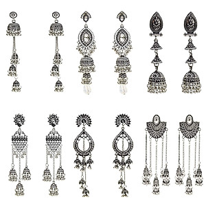 6 Pairs/Set Indian Jhumka Jhumki Ethnic Dangle Earring Sets for Women Vintage Silver Long Tassel Bell Drop Earrings Boho Jewelry (ES-8794-6)