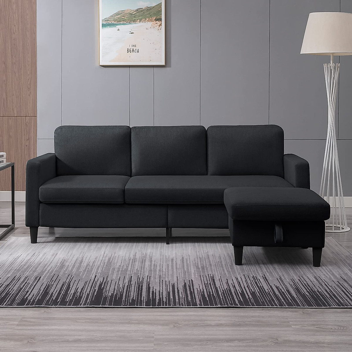 Zafly Convertible Sectional Sofa Couch with Movable Storage Ottoman Chaise, Living Room 3 Seat L-Shaped Sofá, Modern Linen Fabric Home Sofa -Dark Gray