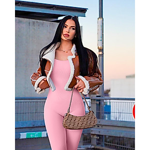 OQQ Women's Ribbed One Piece Adjustable Spaghetti Strips Top Yoga Exercise JumpSuit Romper, Pink, Large