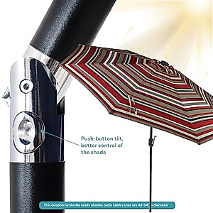 Sunnydaze 9 Foot Outdoor Patio Umbrella with Solar Lights & Tilt/Crank, LED, Awning Stripe