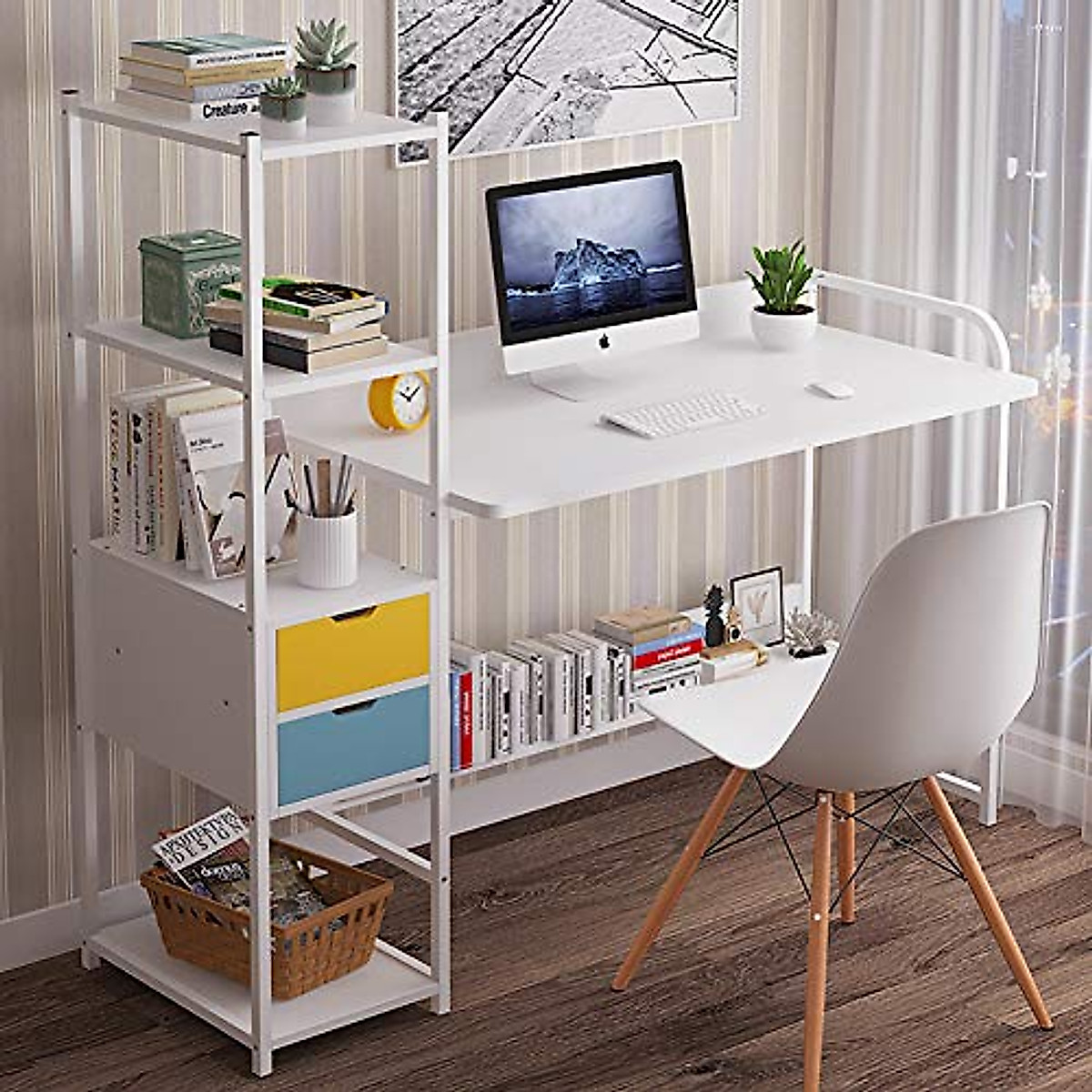 Computer Desk with 4 Tier Shelves,Writing Desk with Storage Bookshelf,Reversible Study Table with for Writing,Computer Games,Home,Office
