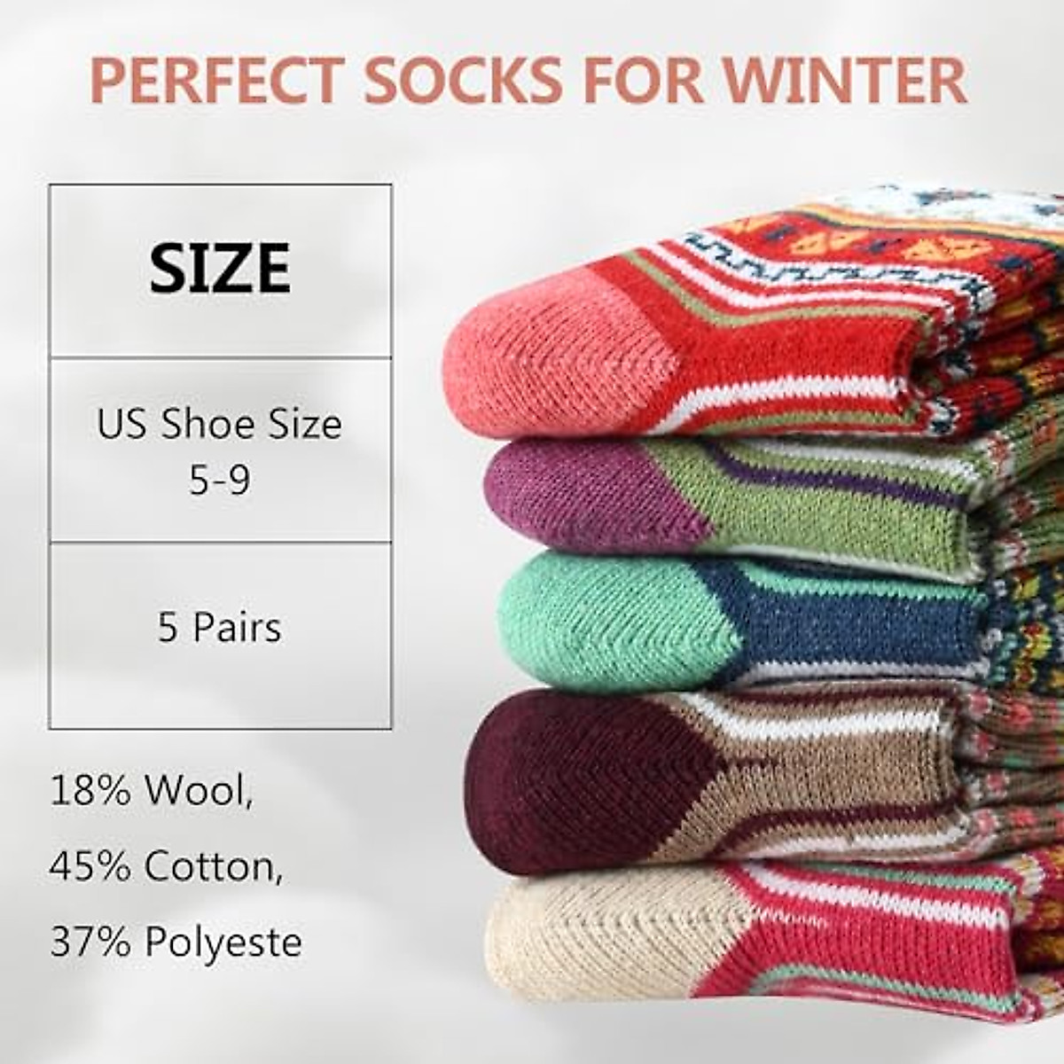 FYC Winter Womens Socks - Wool Warm Thick Knit Cozy Crew Casual Vintage Soft Socks for Women - Christmas Gifts - 5 Pairs