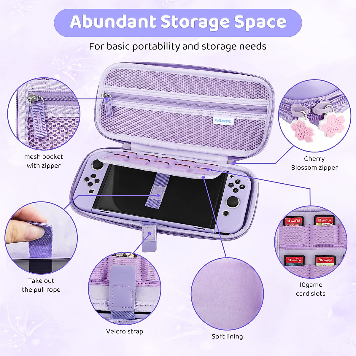 FUNDIARY Carrying Case for Nintendo Switch OLED, Cute Storage Carry Case for Switch OLED Accessories with Flip Case, Screen Protector, Adjustable Shoulder Strap, Wrist Band and 4 Thumb Caps (Purple)