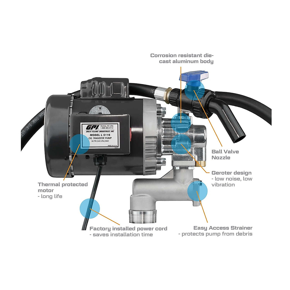 GPI - L5116 High Viscosity Oil Pump, 16 QPM, 115V/230AC Oil Transfer Pump for Viscous Fluids that Features a 0.75” Ball Valve Nozzle, 8 Foot Hose, 3 Foot Power Cord with Three-Prong Plug (142100-01)