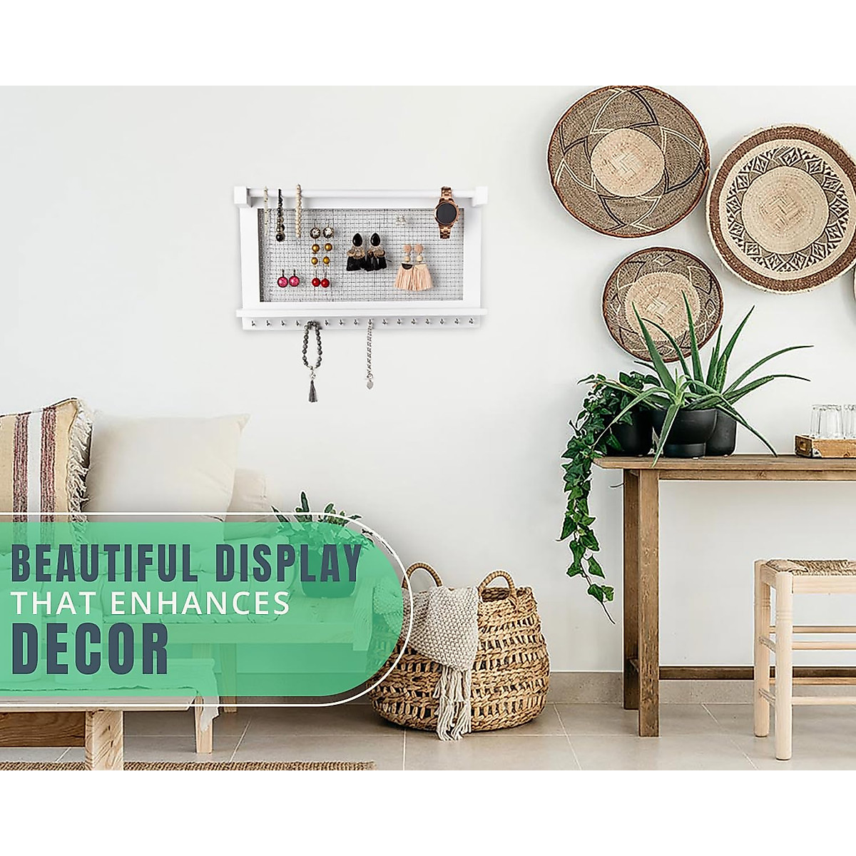 Comfify Rustic Jewelry Organizer - Wall Mounted Jewelry Holder w/Removable Bracelet Rod, Shelf & 16 Hooks - Perfect Earrings, Necklaces & Bracelets Holder - Pure White