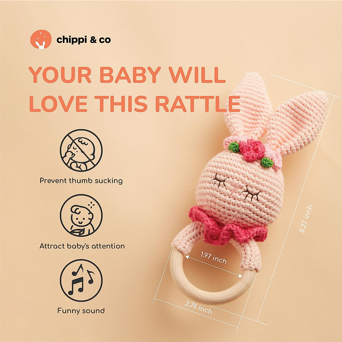Chippi & Co Crochet Wooden Baby Rattle, Crochet Baby Toys Stuffed Animals Easter Gifts for Kids, Wooden Newborn Toys, Easter Basket Stuffers, Basket Filler for Girls, Boys, Bunny Decor (Clover Bunny)