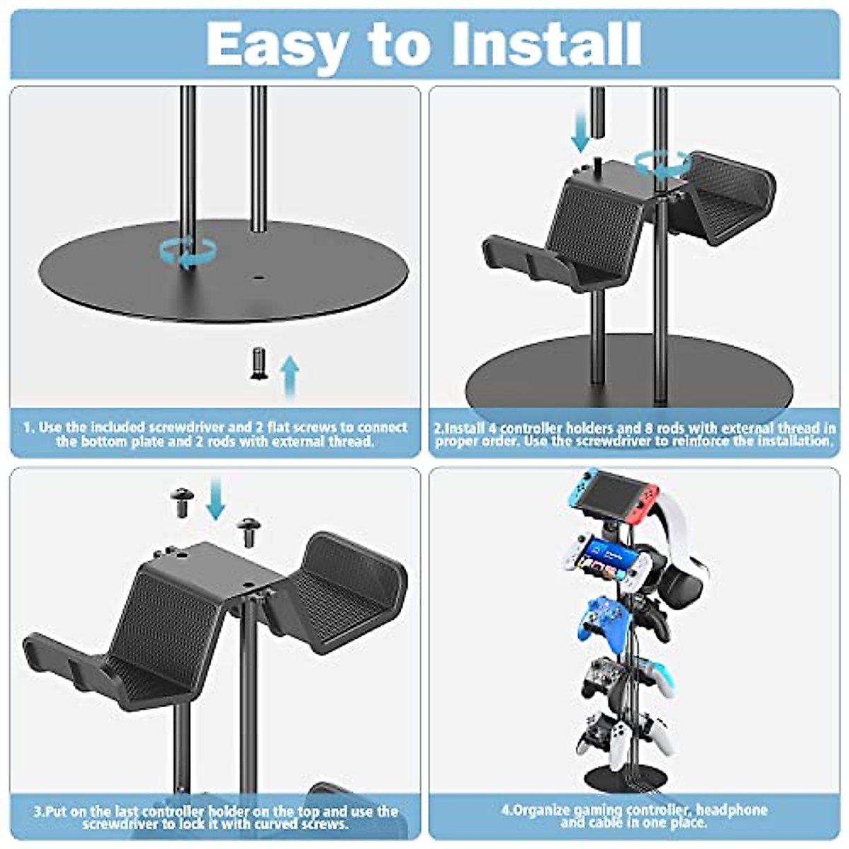 Kytok Controller Stand 5 Tiers with Cable Organizer for Desk, Universal Controller Display Stand Compatible with Xbox PS5 PS4 Nintendo Switch, Headset Holder & Desk Mounts for 10 Packs Controller