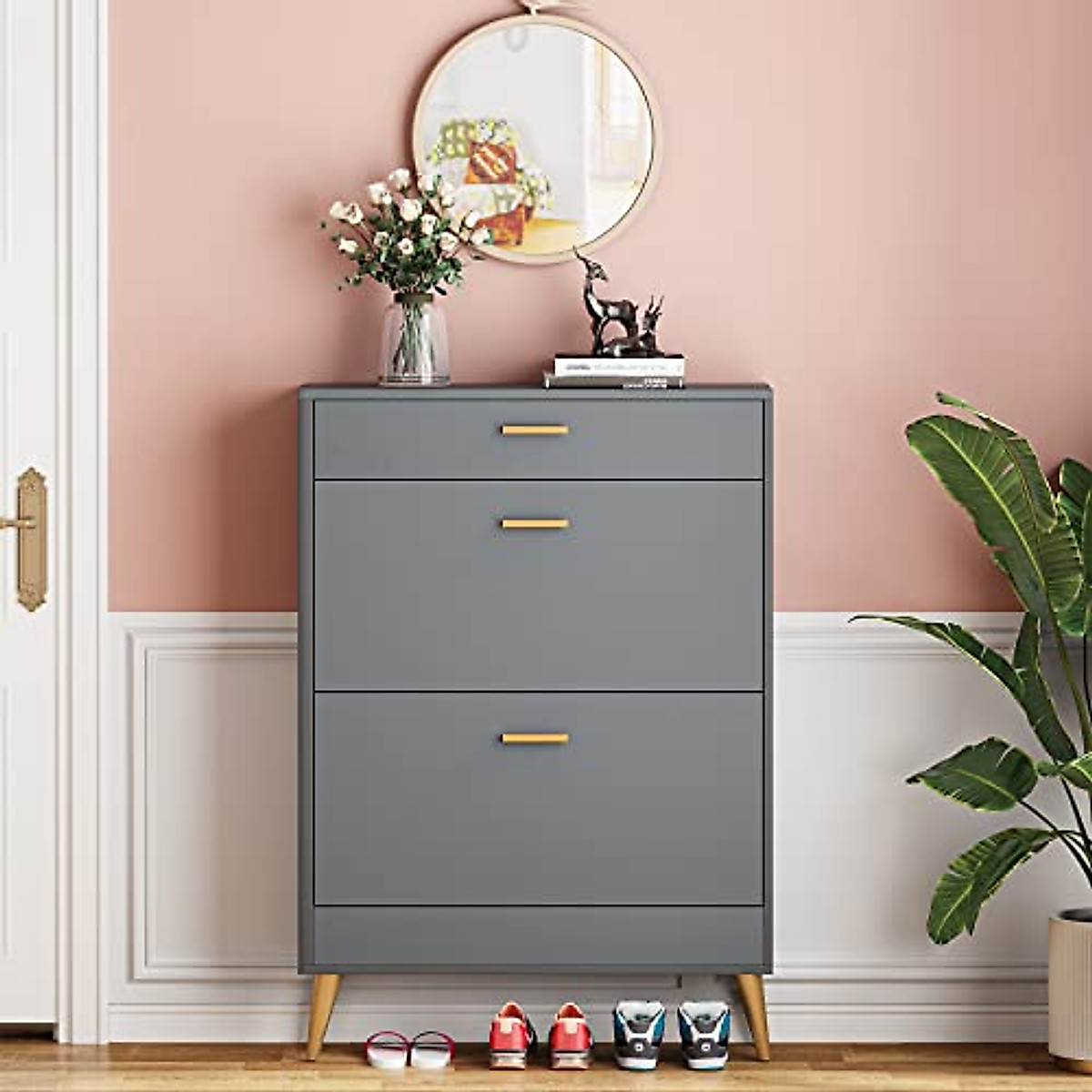 Tribesigns Shoe Cabinet, Modern Shoe Storage Cabinet with 2 Flip Doors and Drawer, Grey Narrow Shoe Organizer Rack for Entryway, Closet (Gray)