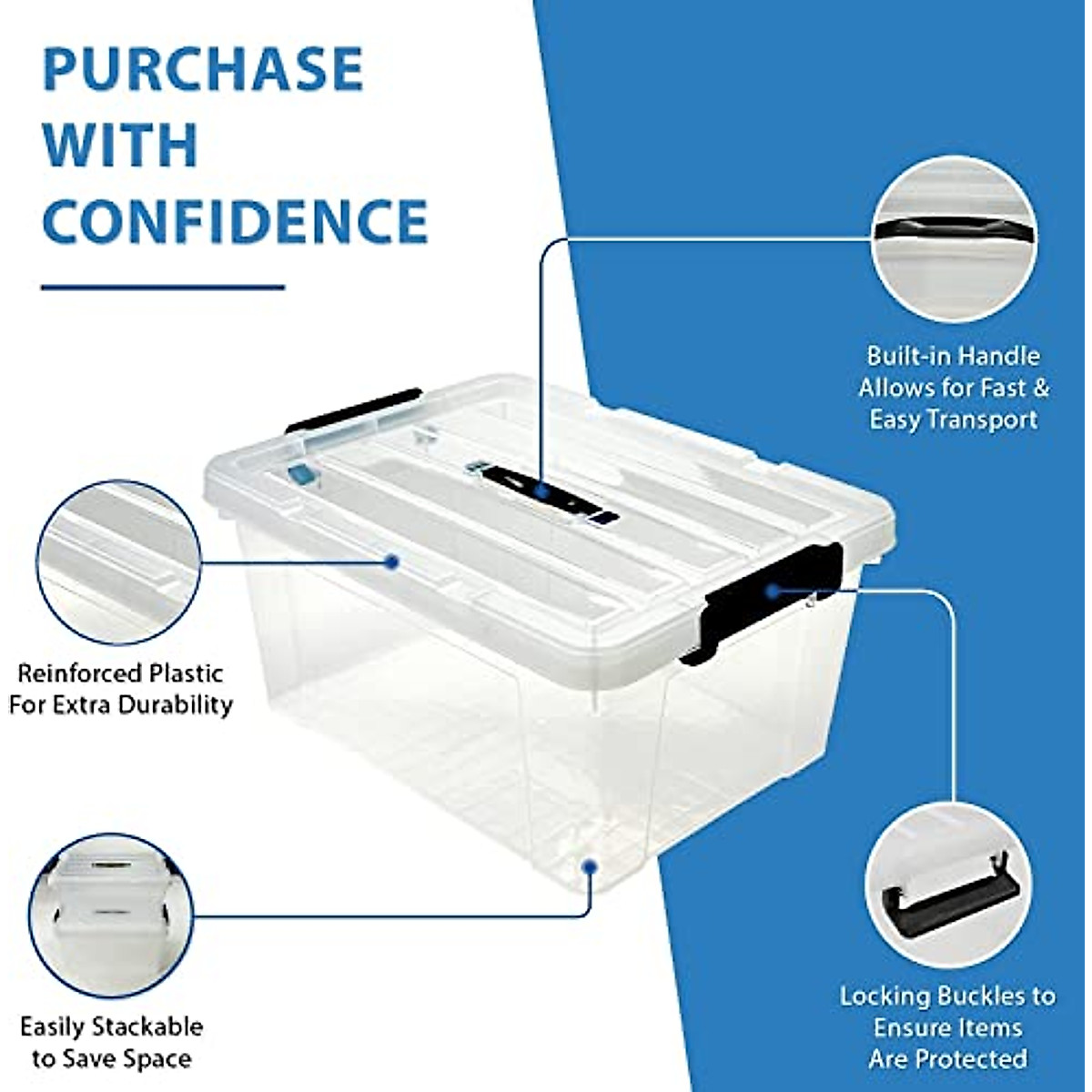 Lifetime Appliance (4 Pack) 70 Qt. [UPGRADED] Plastic Storage Bin Tote Organizing Container with Ultra Durable Lid and Secure Latching Buckles, Stackable, Extra Strength Clear with Black Handle
